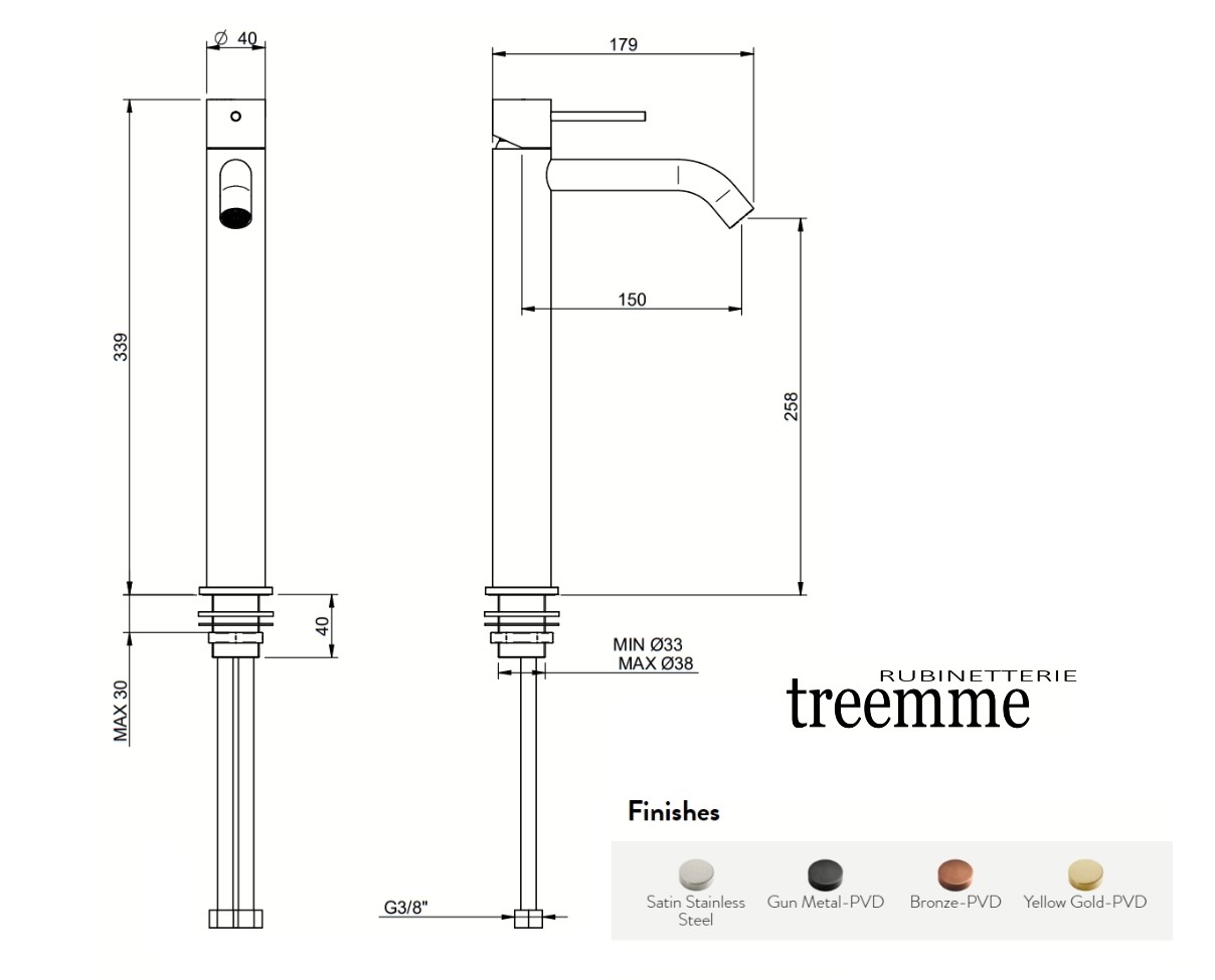 TREEMME 40mm Смеситель для раковины, до излива H257 мм, БЕЗ ДК ...